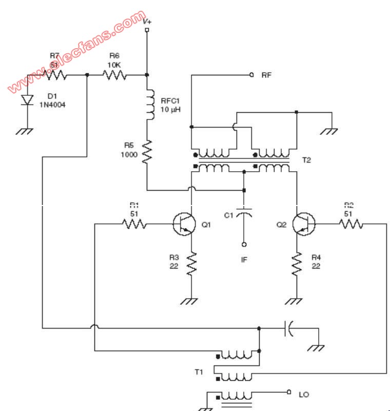 三极管混频器射频电路图(Dual NPN mixer RF